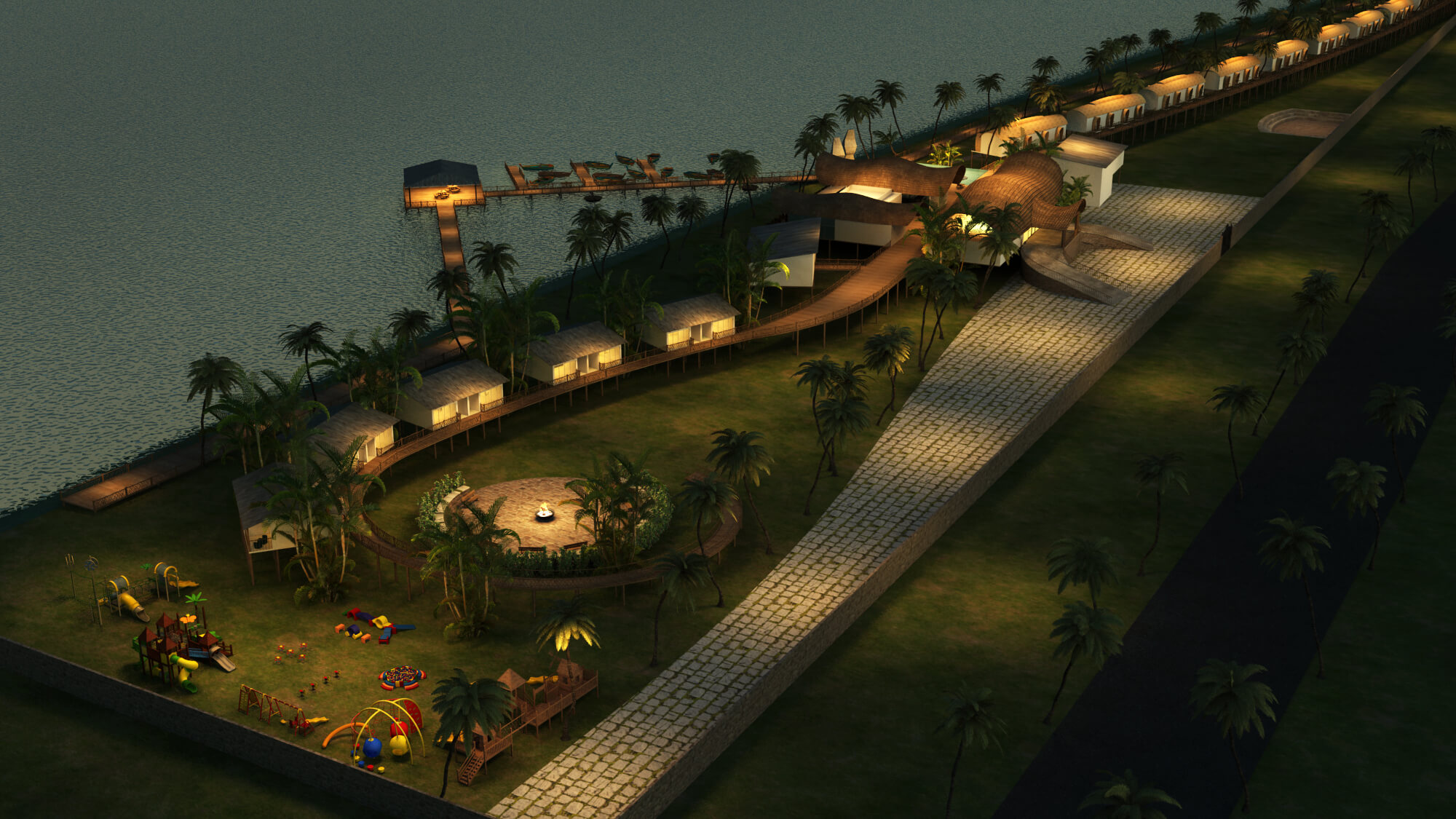 APTDC Backwater Resort Ariel View Night | Shilpa Architects